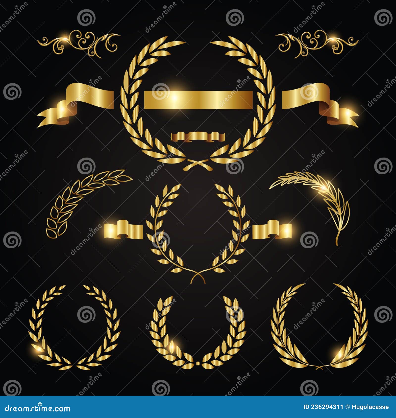 Laurels and Decorative Frame Banner Golden Design Set Stock Vector ...