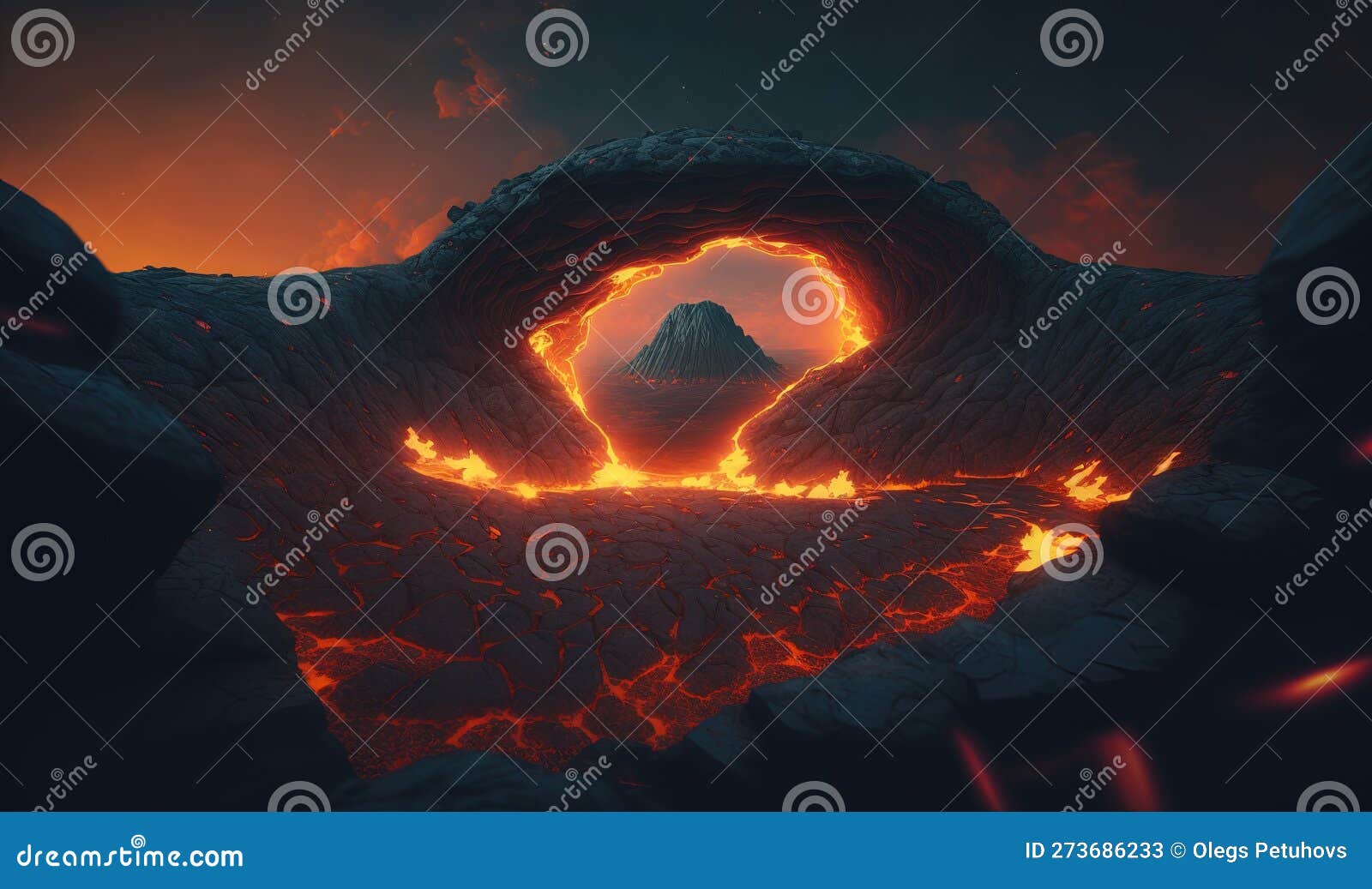 A Lava Cave with a Mountain in the Distance and Lava Flowing Out of it ...