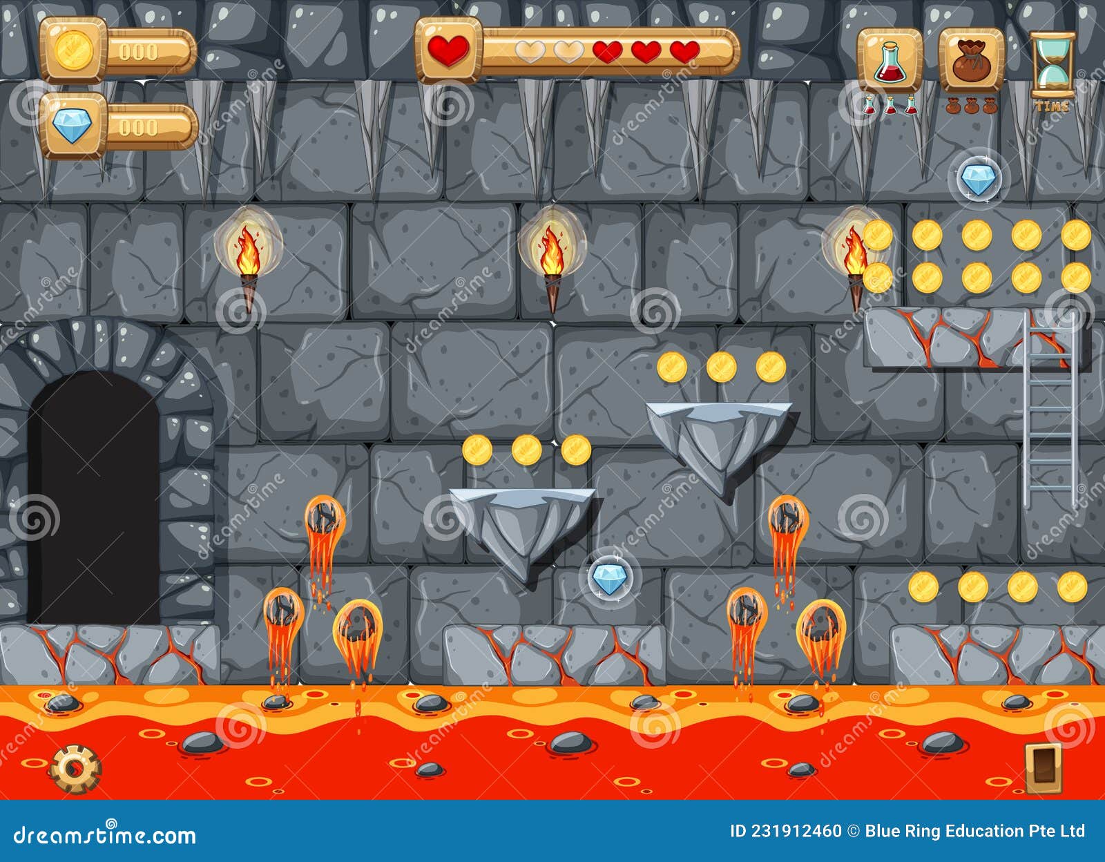 Lava Cave Platformer Game Template Stock Vector - Illustration of hint ...