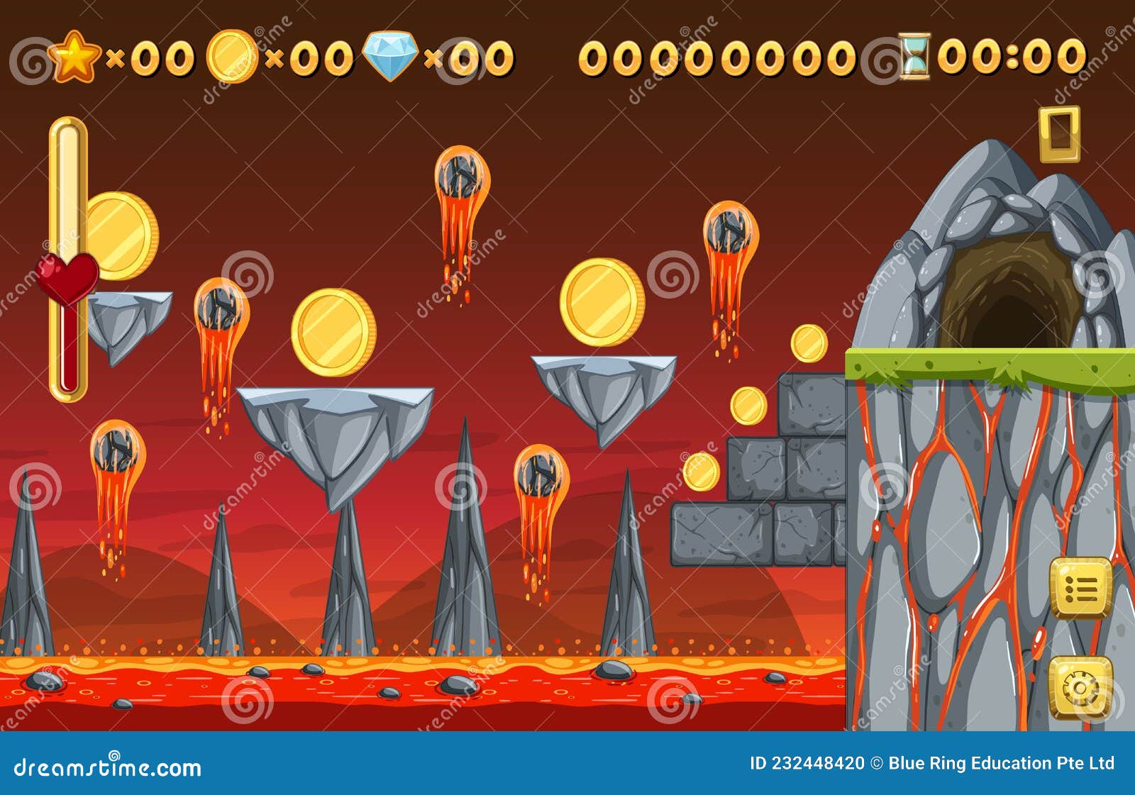 Lava Cave Platformer Game Template Stock Vector - Illustration of ...