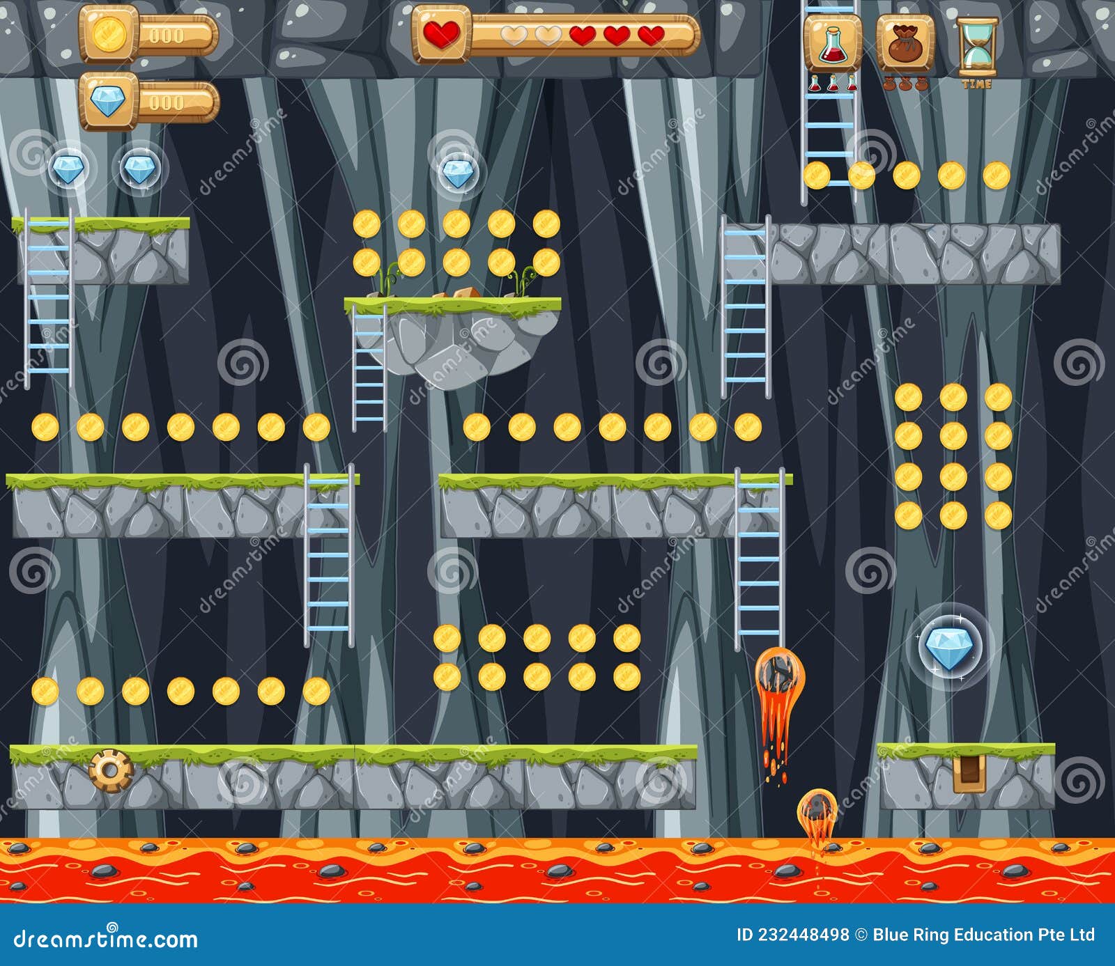 Lava Cave Platformer Game Template Stock Vector - Illustration of ...
