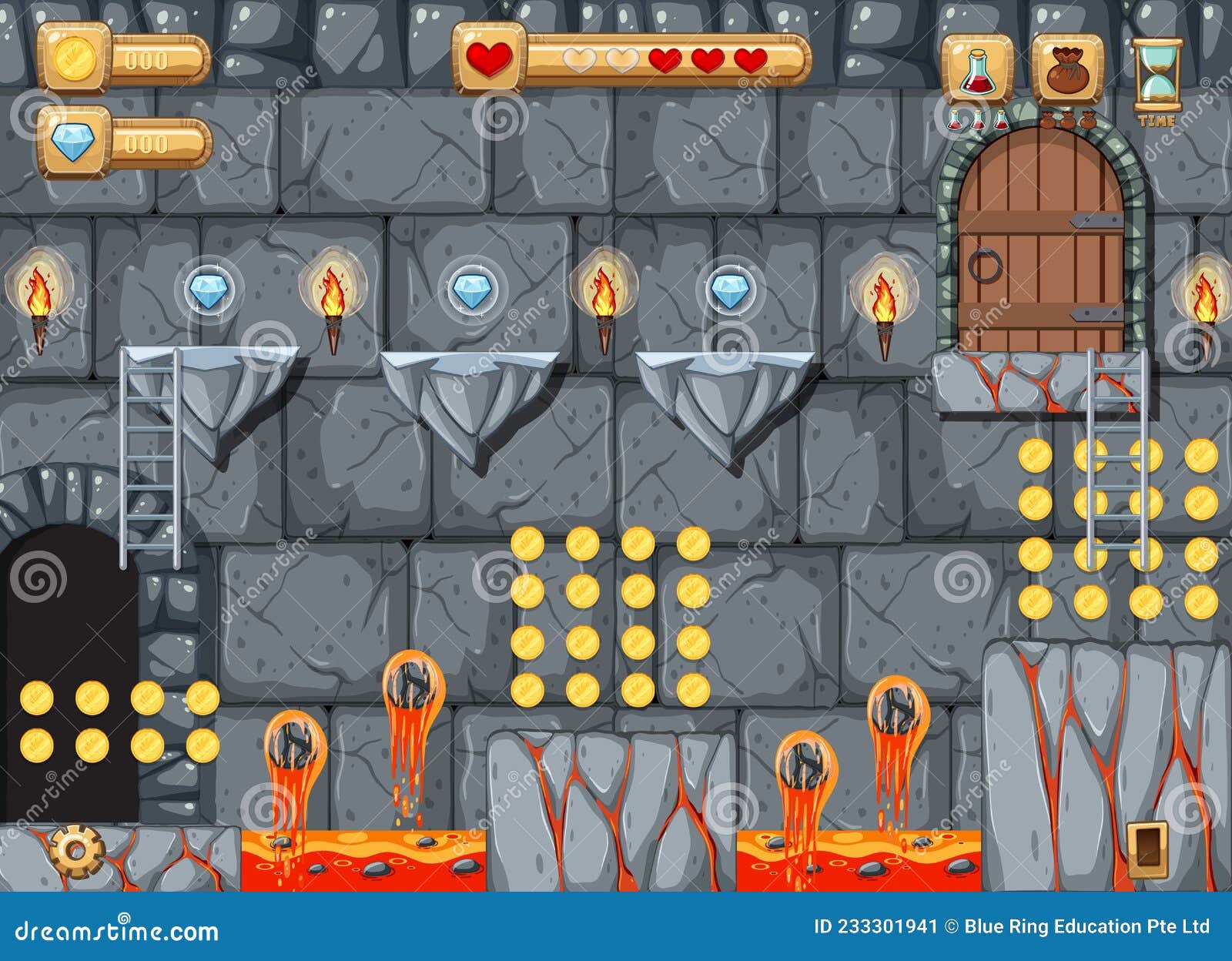 Lava Cave Platformer Game Template Stock Vector - Illustration of ...