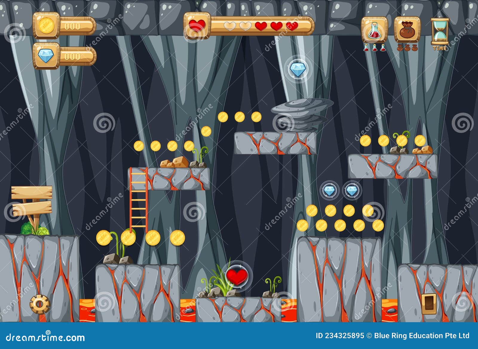 Lava Cave Platformer Game Template Stock Vector - Illustration of ...