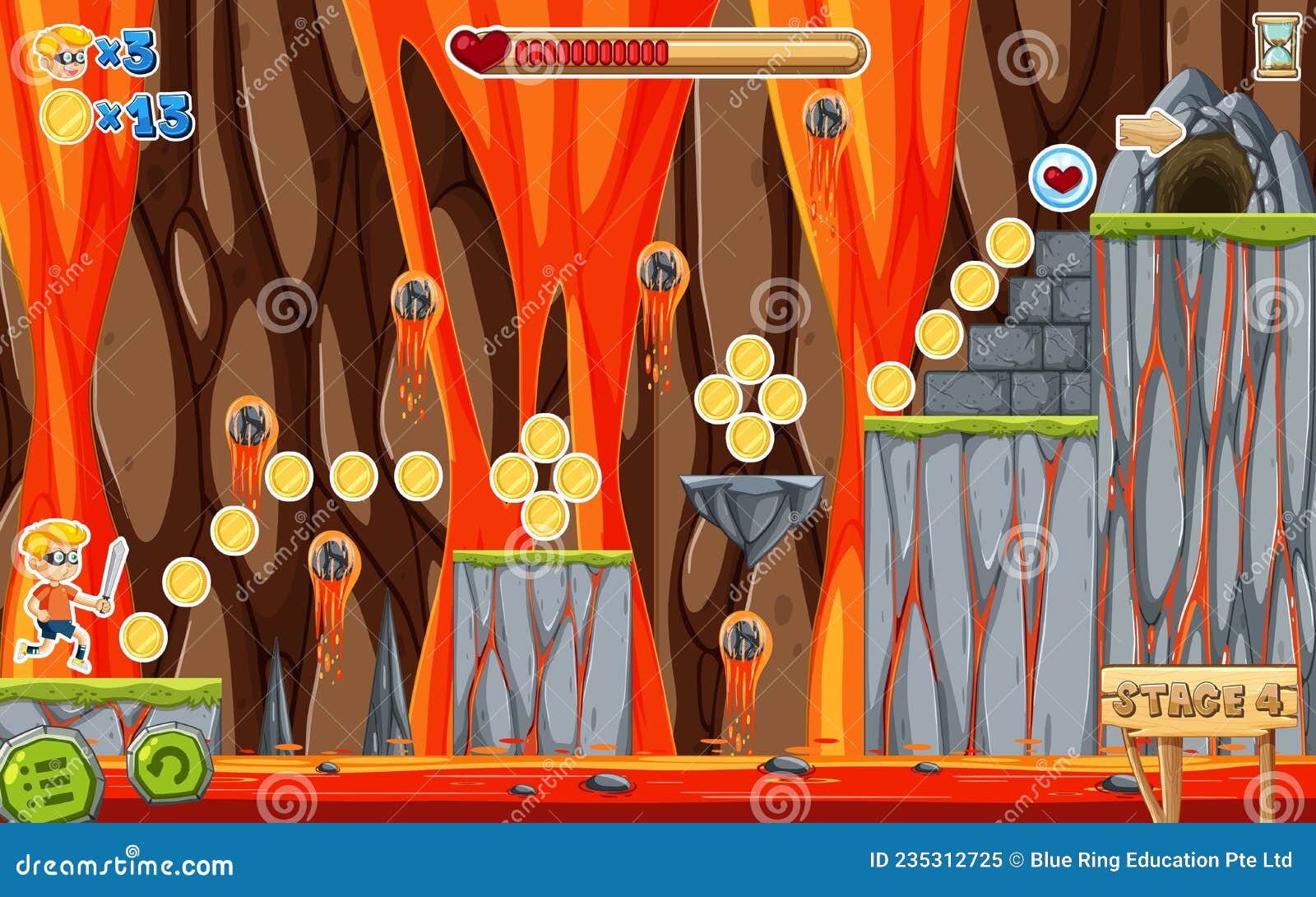 Lava Cave Platformer Game Template Stock Illustration - Illustration of ...