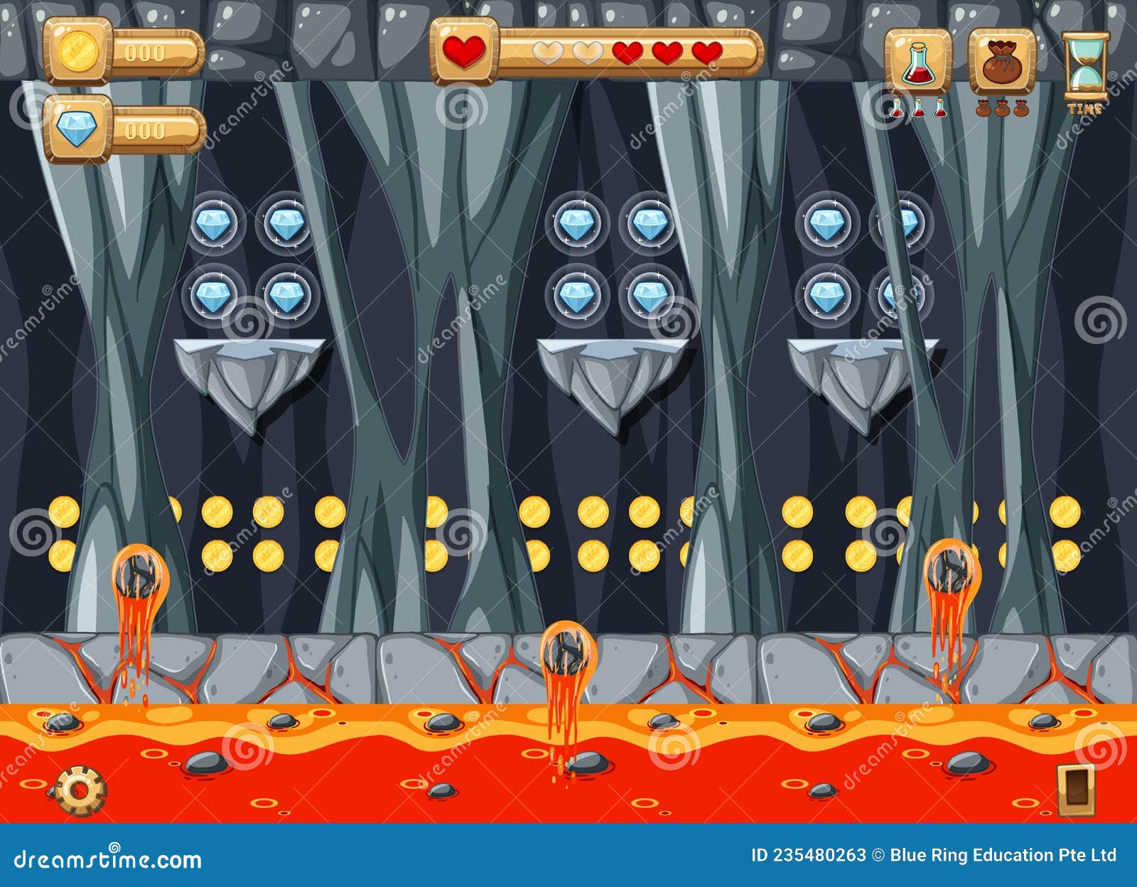 Lava Cave Platformer Game Template Stock Vector - Illustration of ...