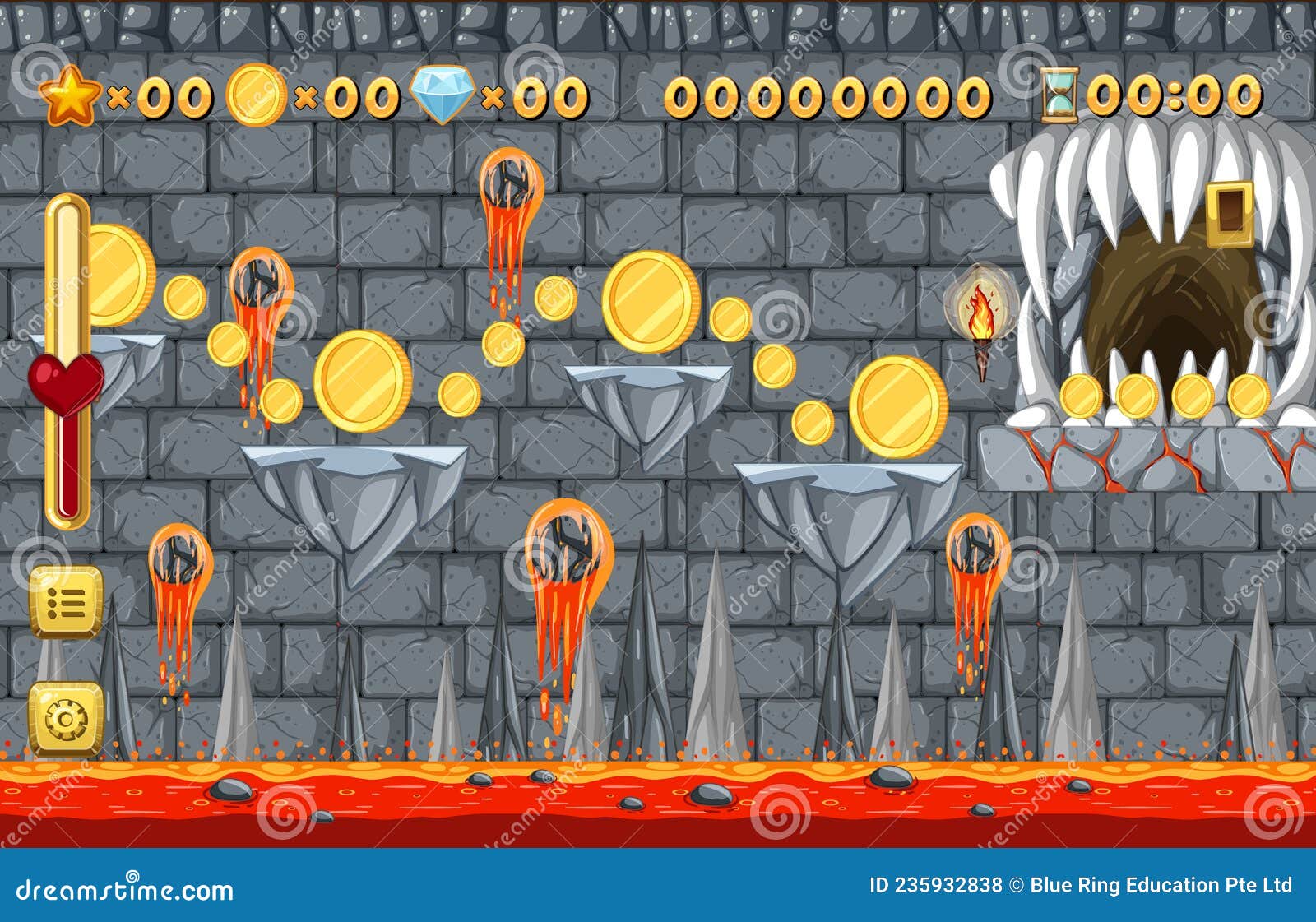 Lava Cave Platformer Game Template Stock Vector - Illustration of ...