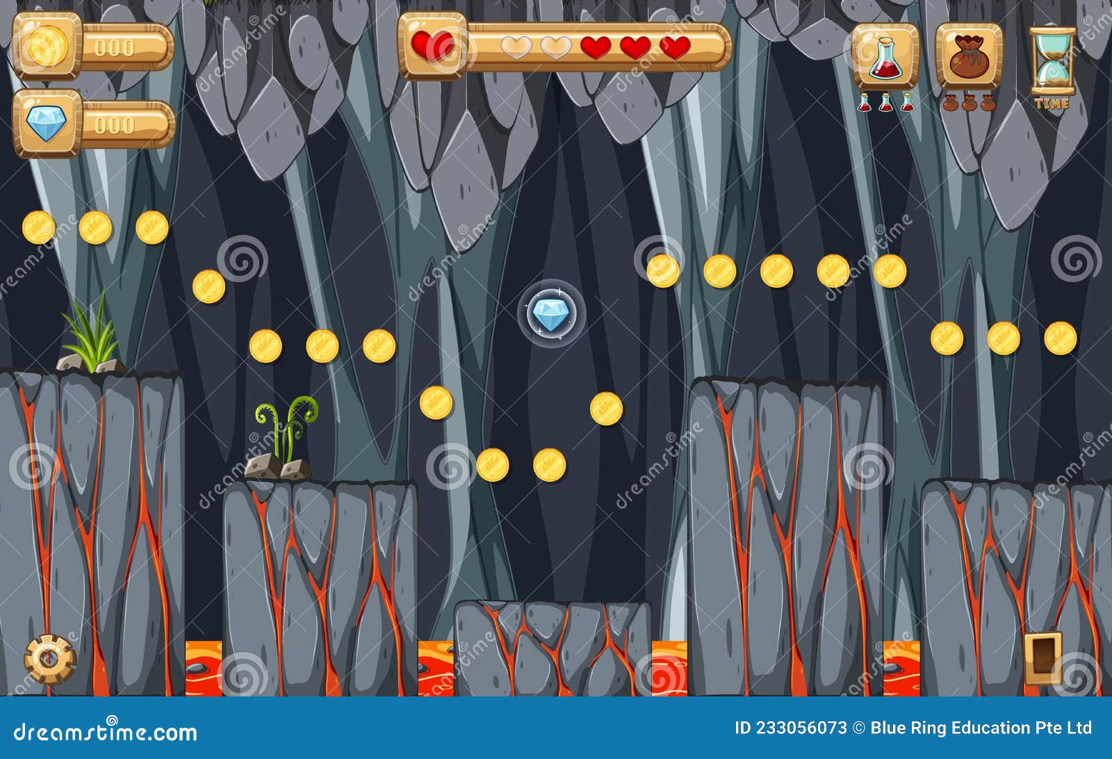 Lava Cave Platformer Game Template Stock Vector - Illustration of ...