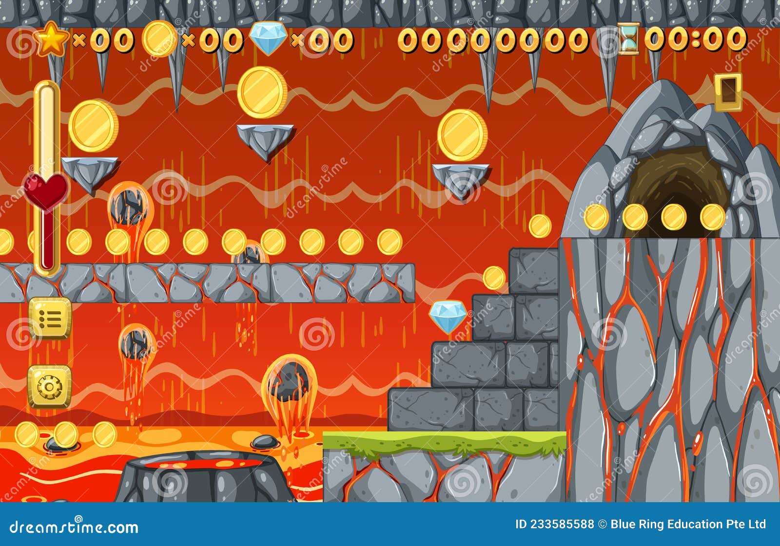 Lava Cave Platformer Game Template Stock Vector - Illustration of coin ...