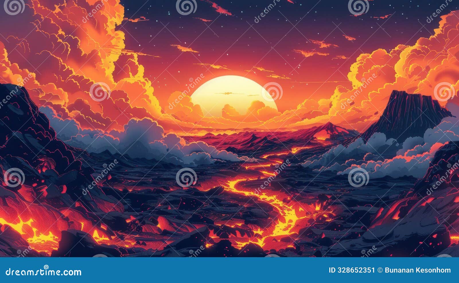 Lava Field Flat Design Side View Volcanic Theme Pixel Art 3D Render ...