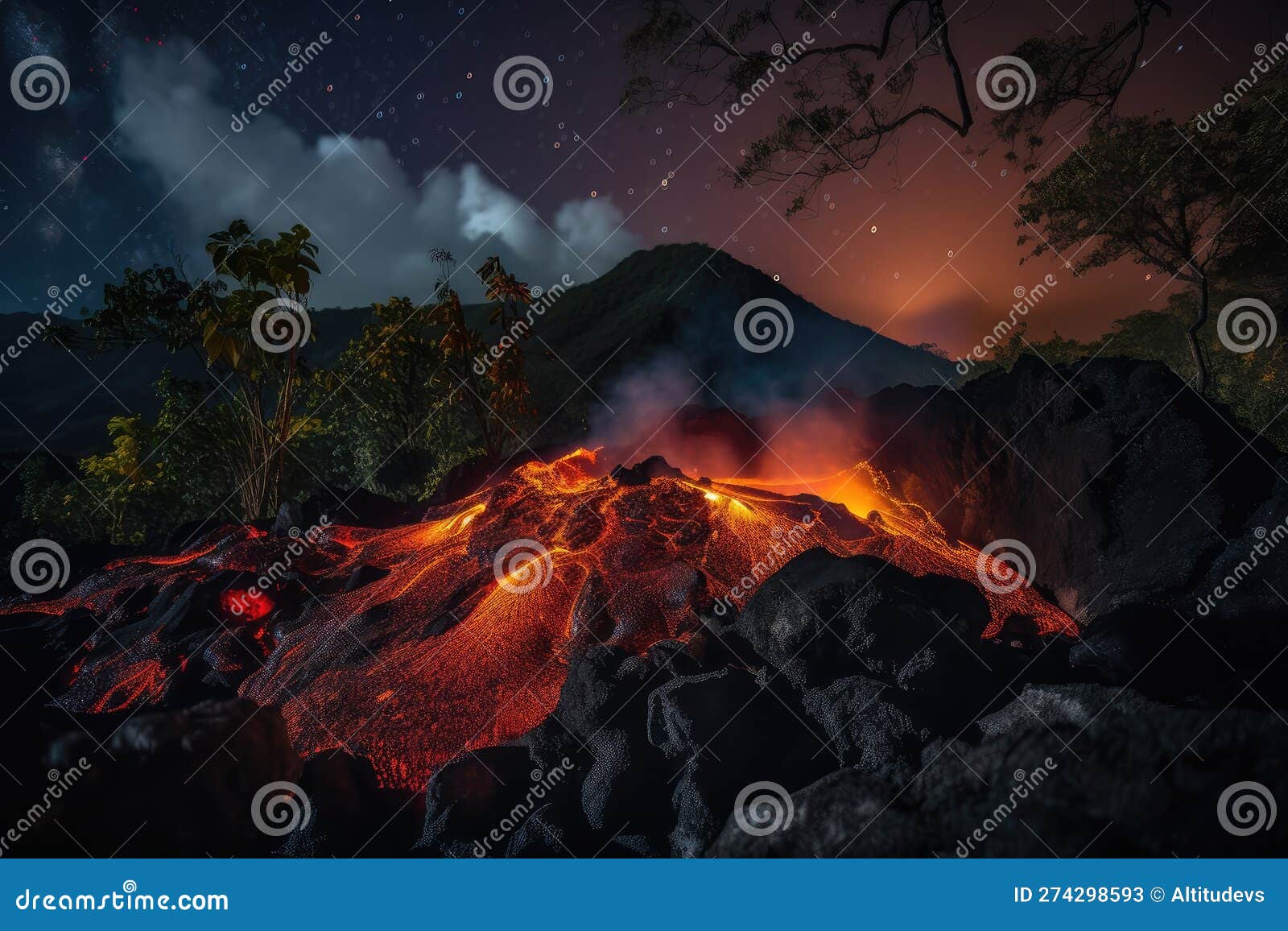 Lava Flow Cascading Down the Side of a Volcano, with Orange and Red ...
