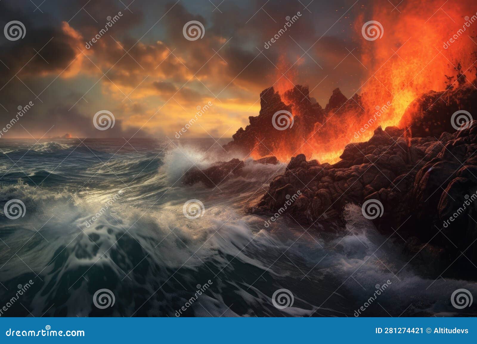 Lava Flowing into the Ocean, Creating Steam Stock Illustration ...