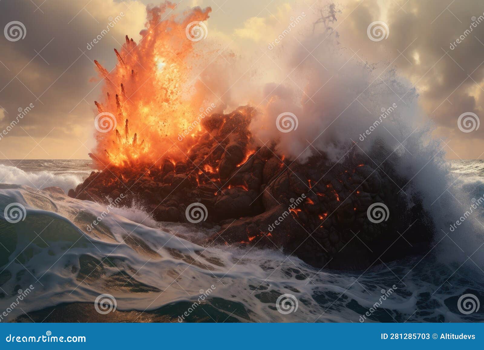 Lava Flowing into the Ocean Creating Steam Stock Illustration ...