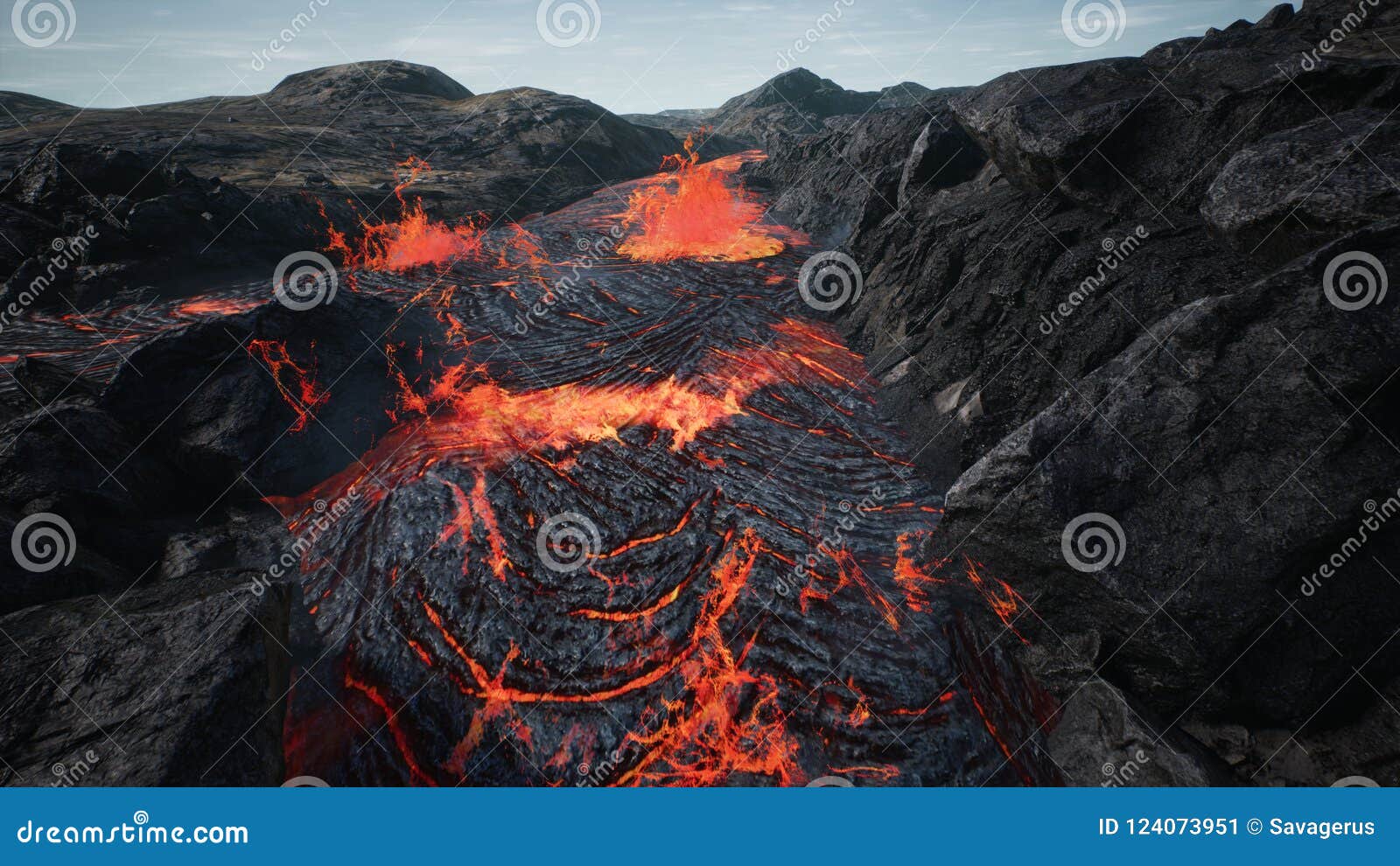 Lava Flowing from Volcano Lava Eruption. 3D Rendering. Stock Image ...