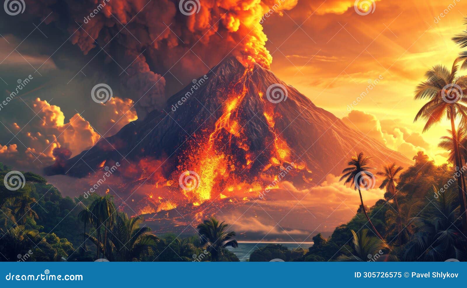 Lava Flows on Active Volcano on Island in Sea, Stock Image - Image of ...