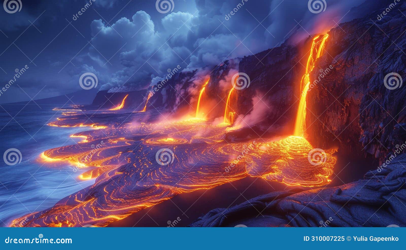 Lava Flows into Ocean from Cliff Stock Image - Image of creation ...