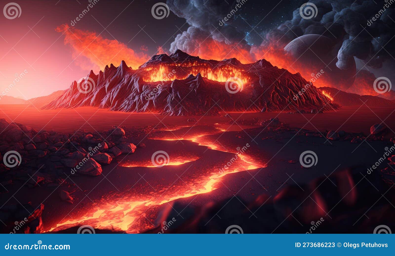 A Lava Landscape with a Mountain in the Background and a Stream of ...