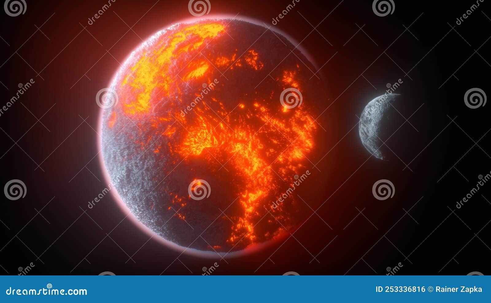 Lava Planet is Orbited by Its Moon 3d Rendering Stock Illustration ...