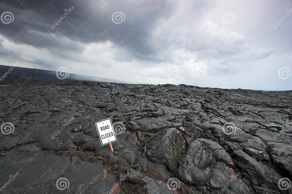 Lava on the Road and a Sign Stock Image - Image of island, volcanic ...