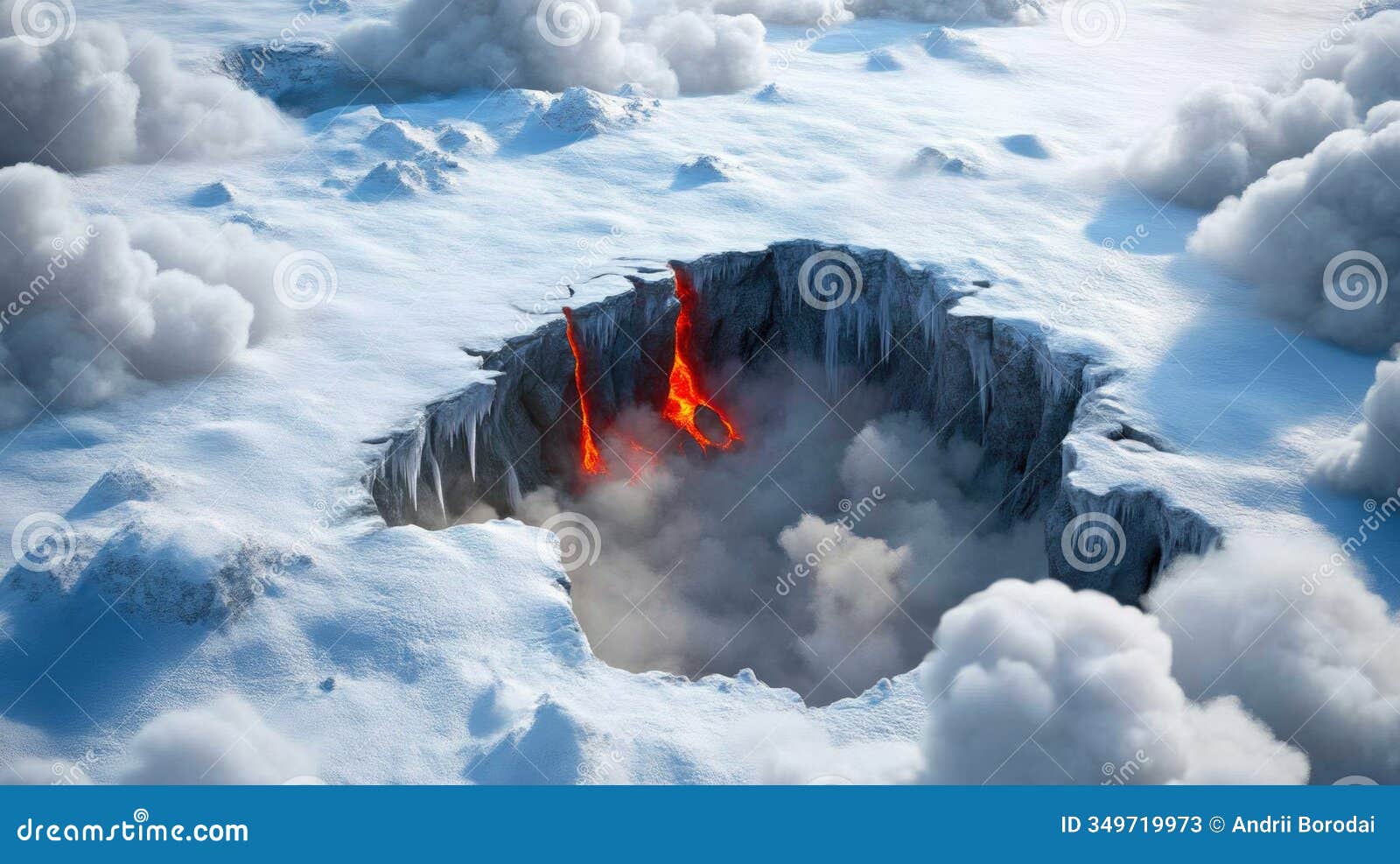 Lava Splitting Mountain Snow into Water. Stock Illustration ...