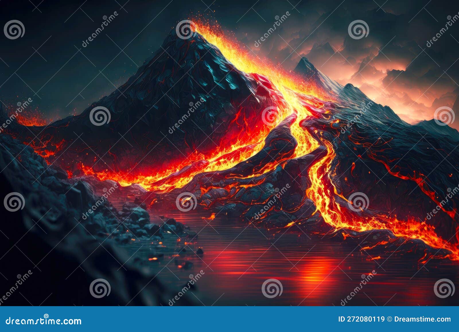 Lava Texture Flowing from Burning Volcano Down Mountain Stock ...