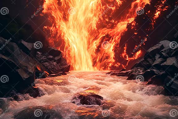 Lava from a Volcano Flows Over a Waterfall and Solidifies Stock Image ...