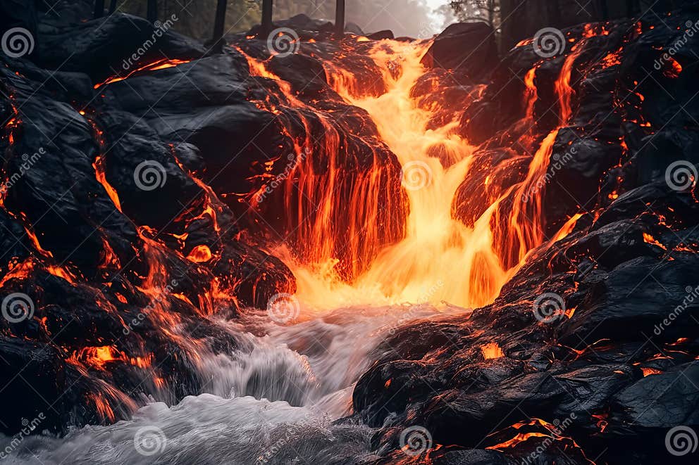 Lava from a Volcano Flows Over a Waterfall and Solidifies Stock Image ...