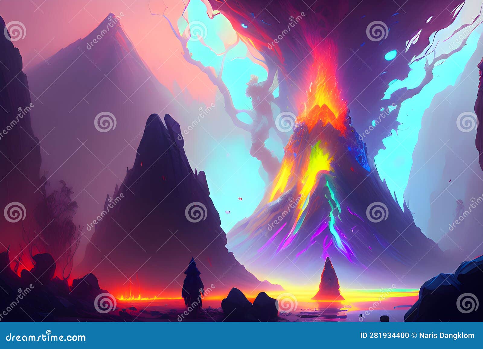 The lava volcano of future stock illustration. Illustration of evening ...