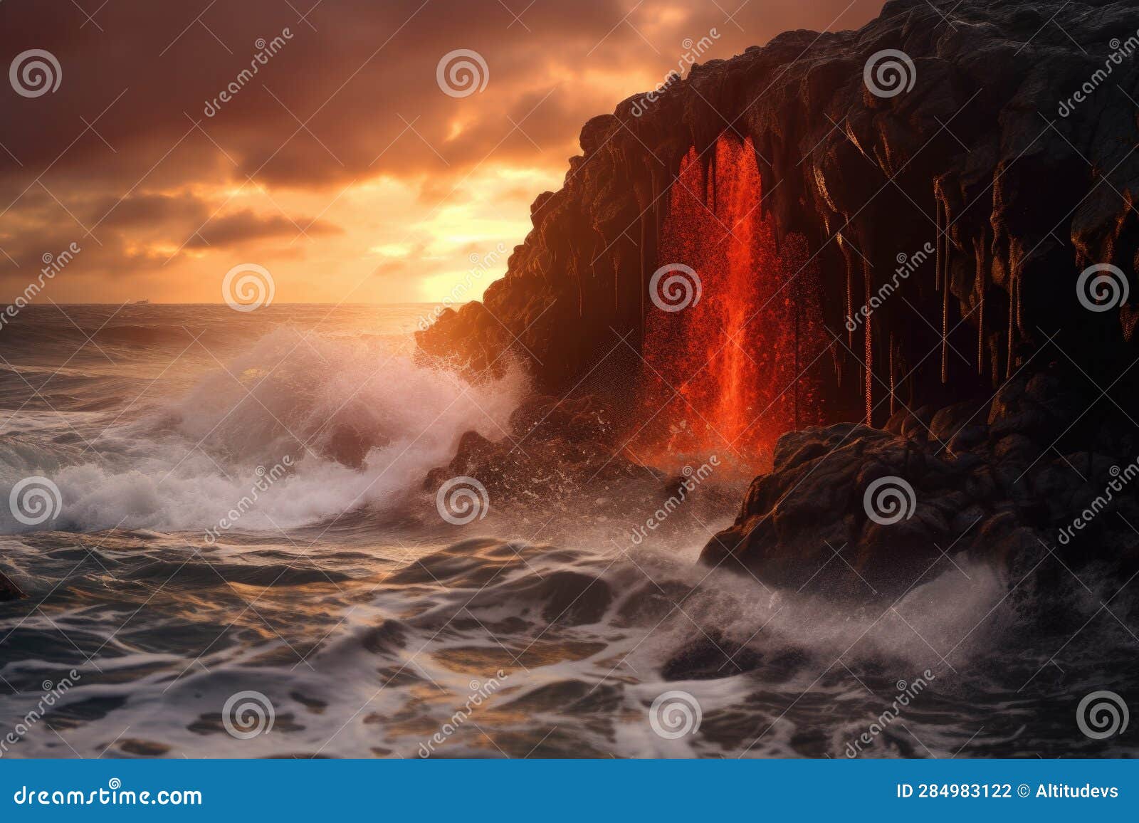 Waterfall Lava Igneous Rock Flowing To River Valley Background Royalty ...
