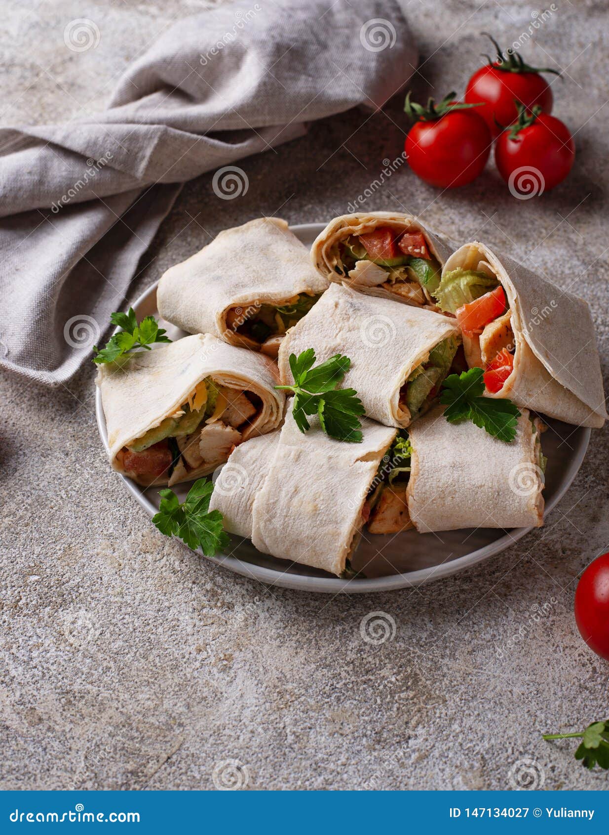 Lavash Rolls with Chicken and Vegetables Stock Image - Image of party ...