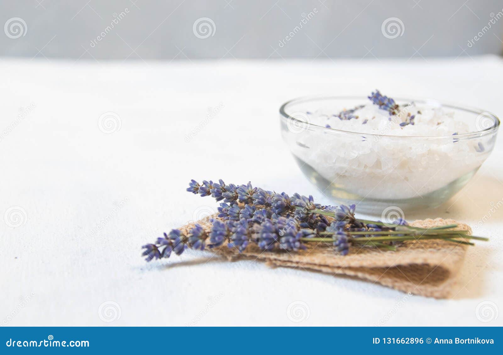 Lavender Bath Salt on White Background with Lavender Flower Stock Photo ...