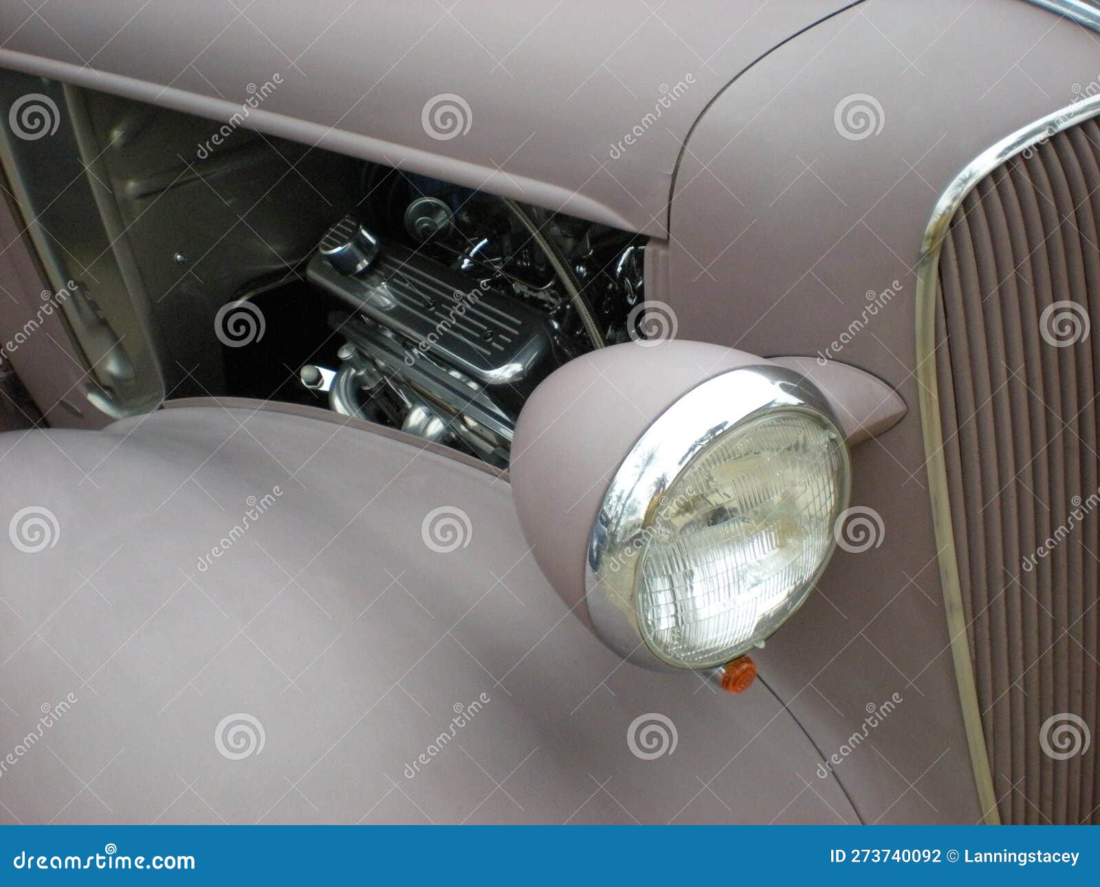 Lavender Classic Car with Headlight and Partial Grill and Engine Stock ...