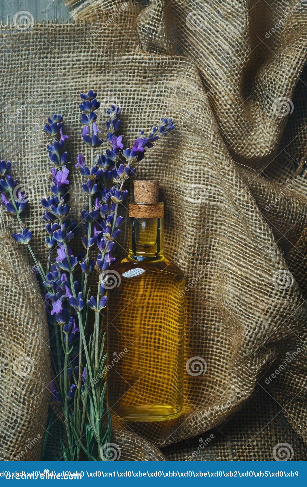 Lavender Essential Oil on the Background of Burlap Top View Stock Photo ...