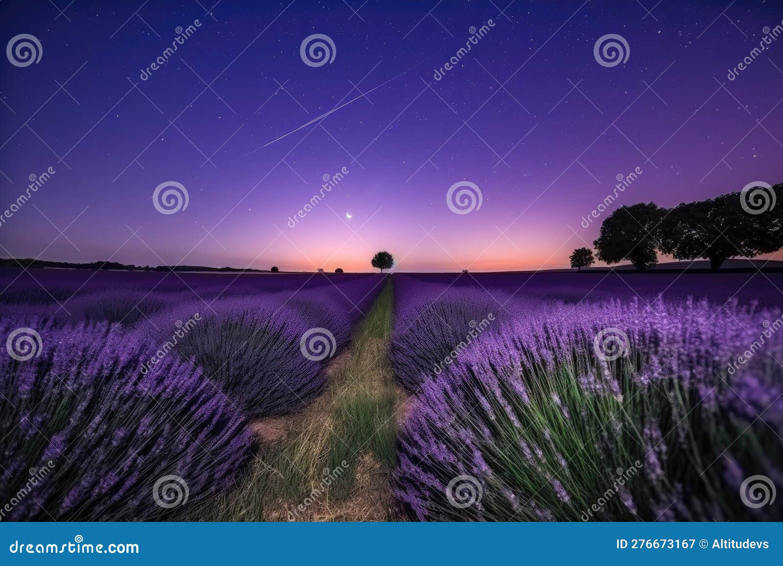 Lavender Field with Crescent Moon in the Sky during the Night Stock ...