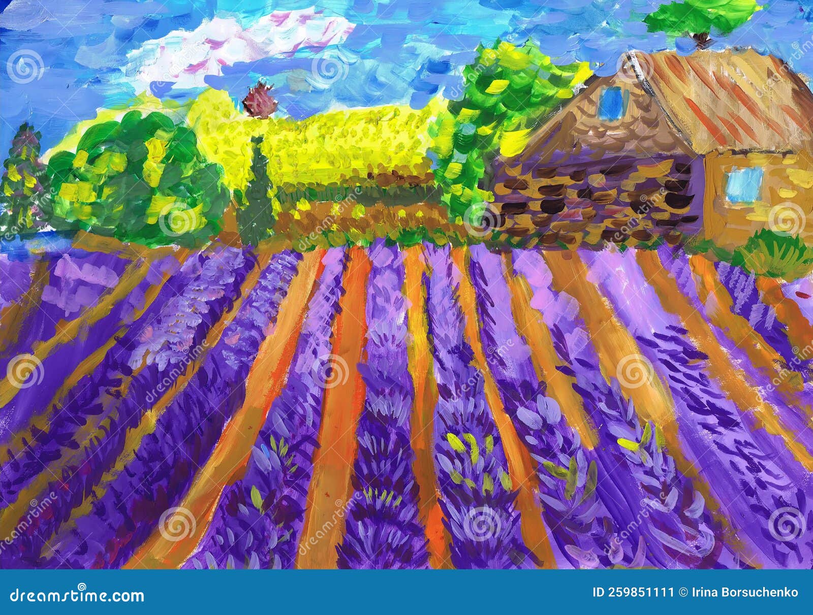 Lavender Field in Provence. Children`s Drawing Stock Illustration ...