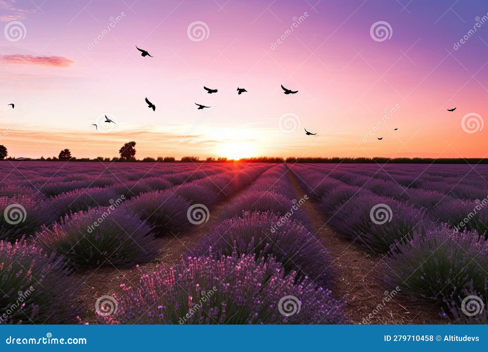 Lavender Field in the Sunset, with a Flock of Birds Flying Above Stock ...