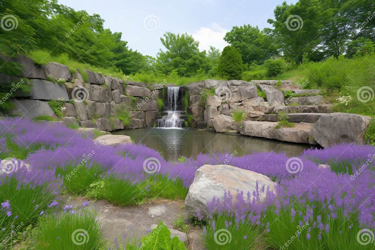 Lavender Field with Waterfall, Surrounded by Greenery Stock ...
