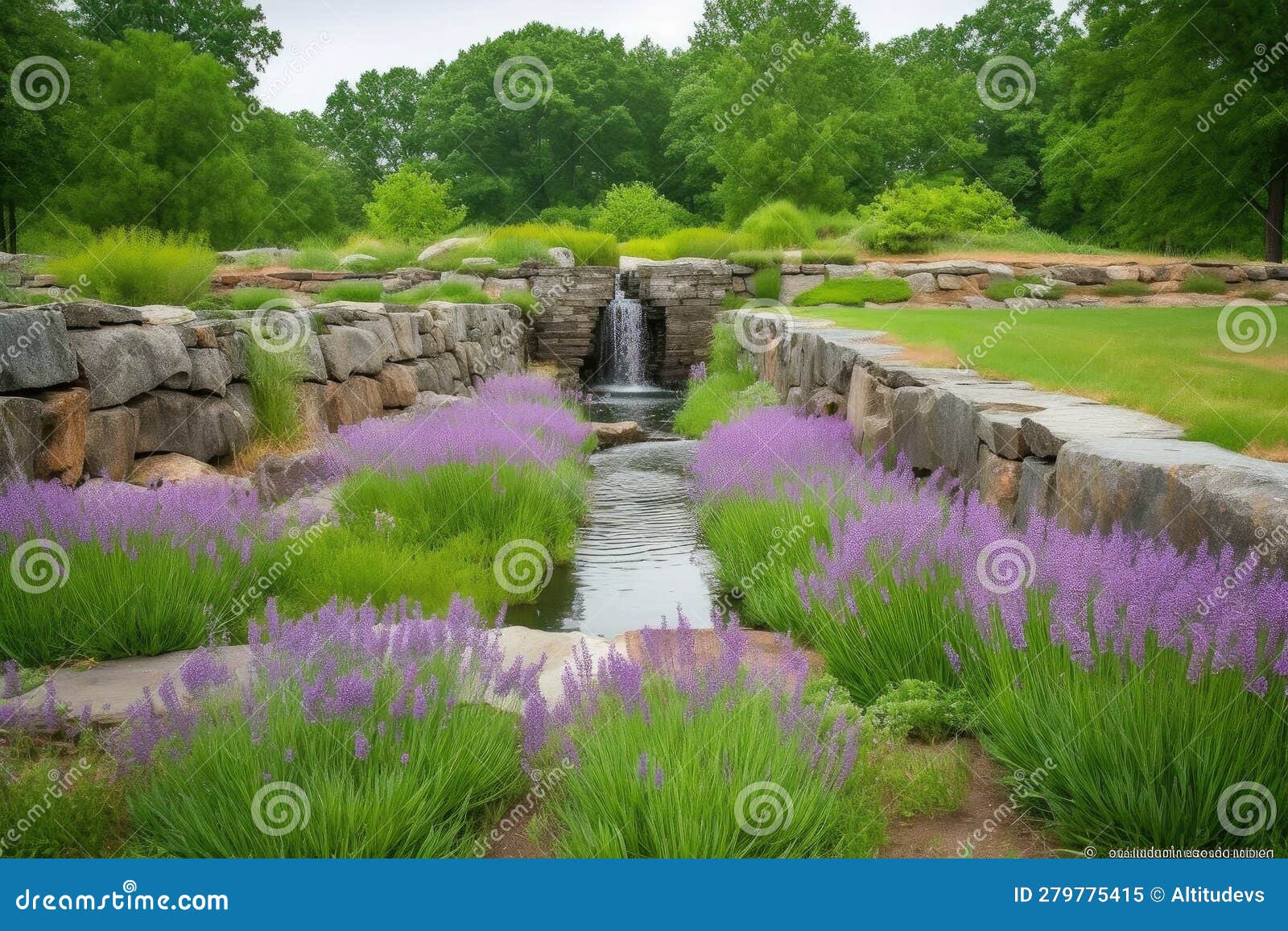 Lavender Field with Waterfall, Surrounded by Greenery Stock Image ...