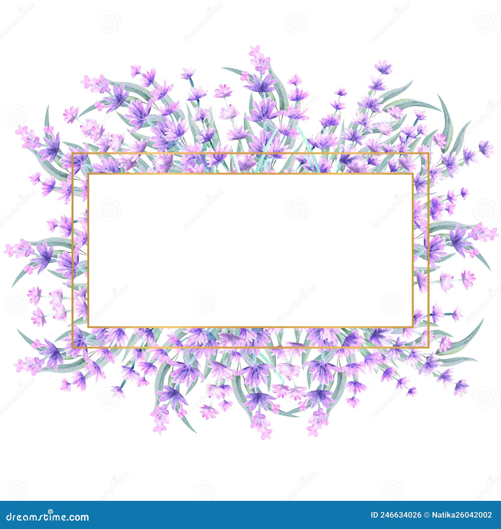 Lavender Flowers in a Rectangular Gold Frame. Hand-drawn Watercolor ...