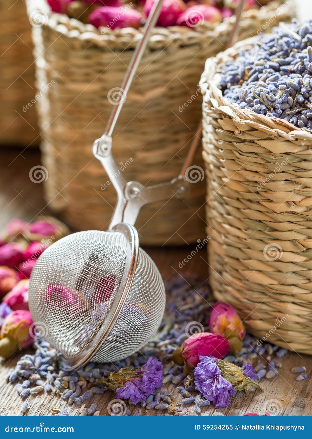 Lavender, Roses Herbal Tea in Basket and Tea Infuser. Stock Image ...