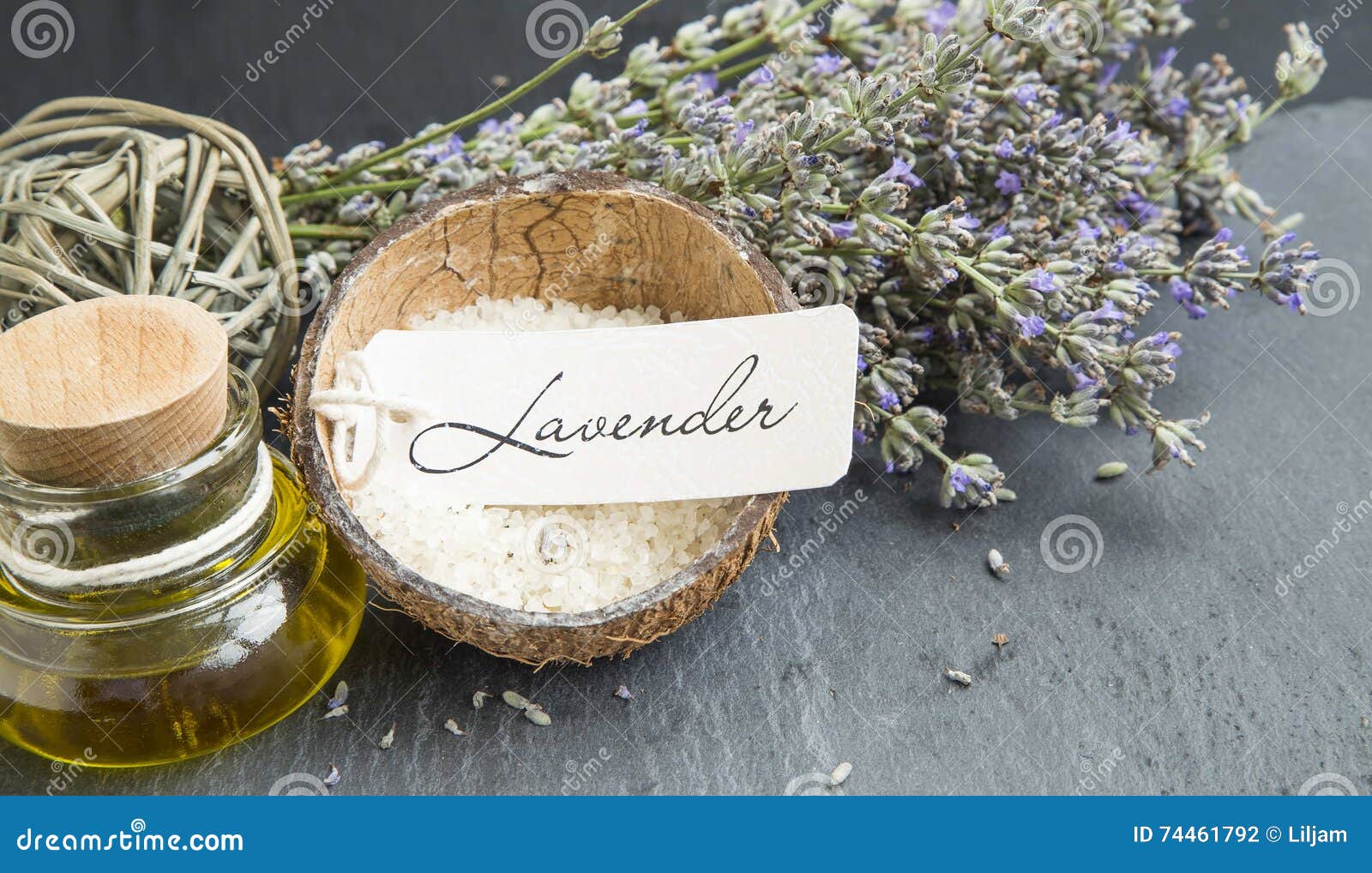 Lavender Spa with Label, Oil, Flowers and Bath Salt Stock Photo - Image ...
