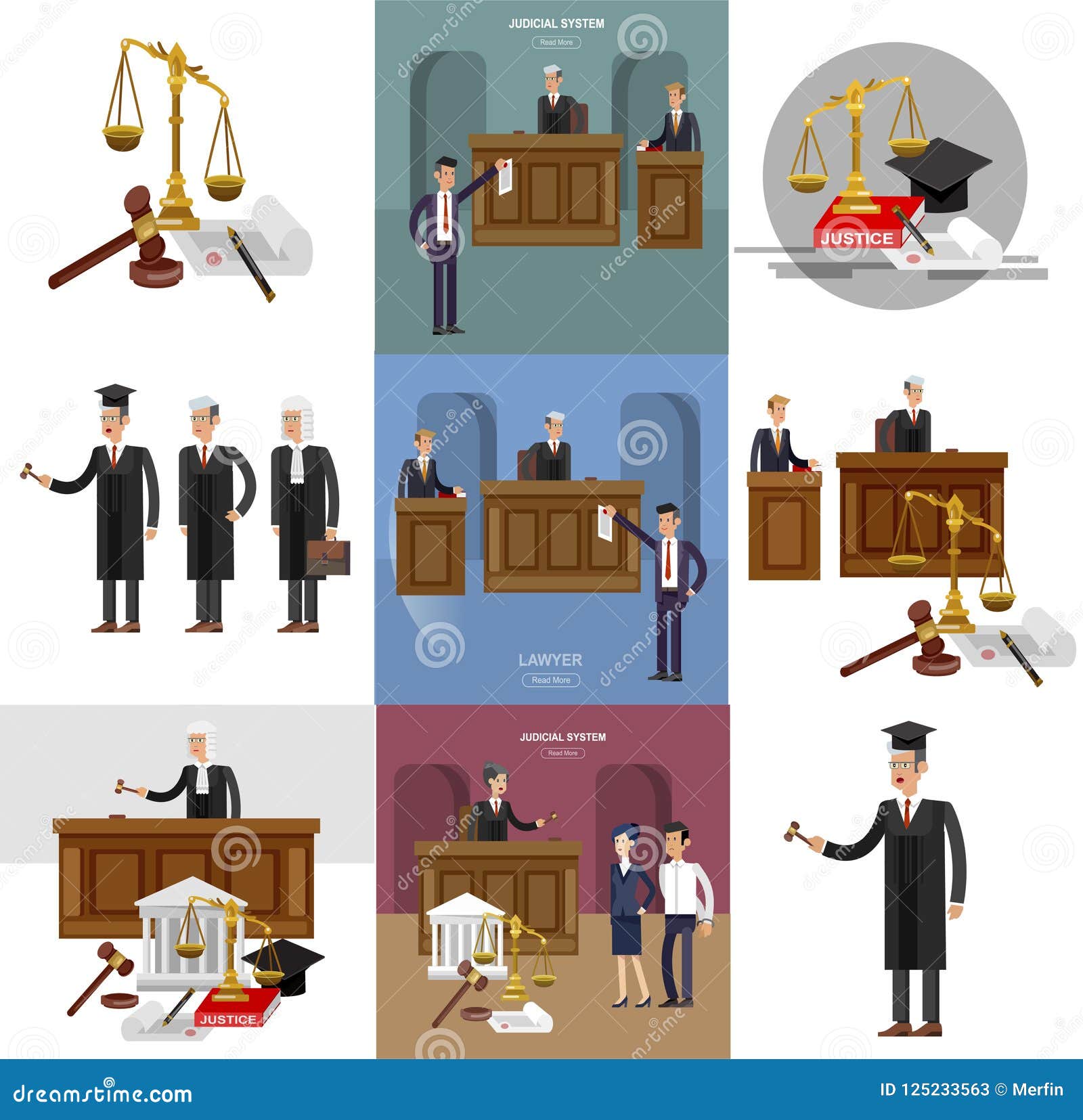 Law Horizontal Banner Set with Judical System Elements Isolated Vector ...