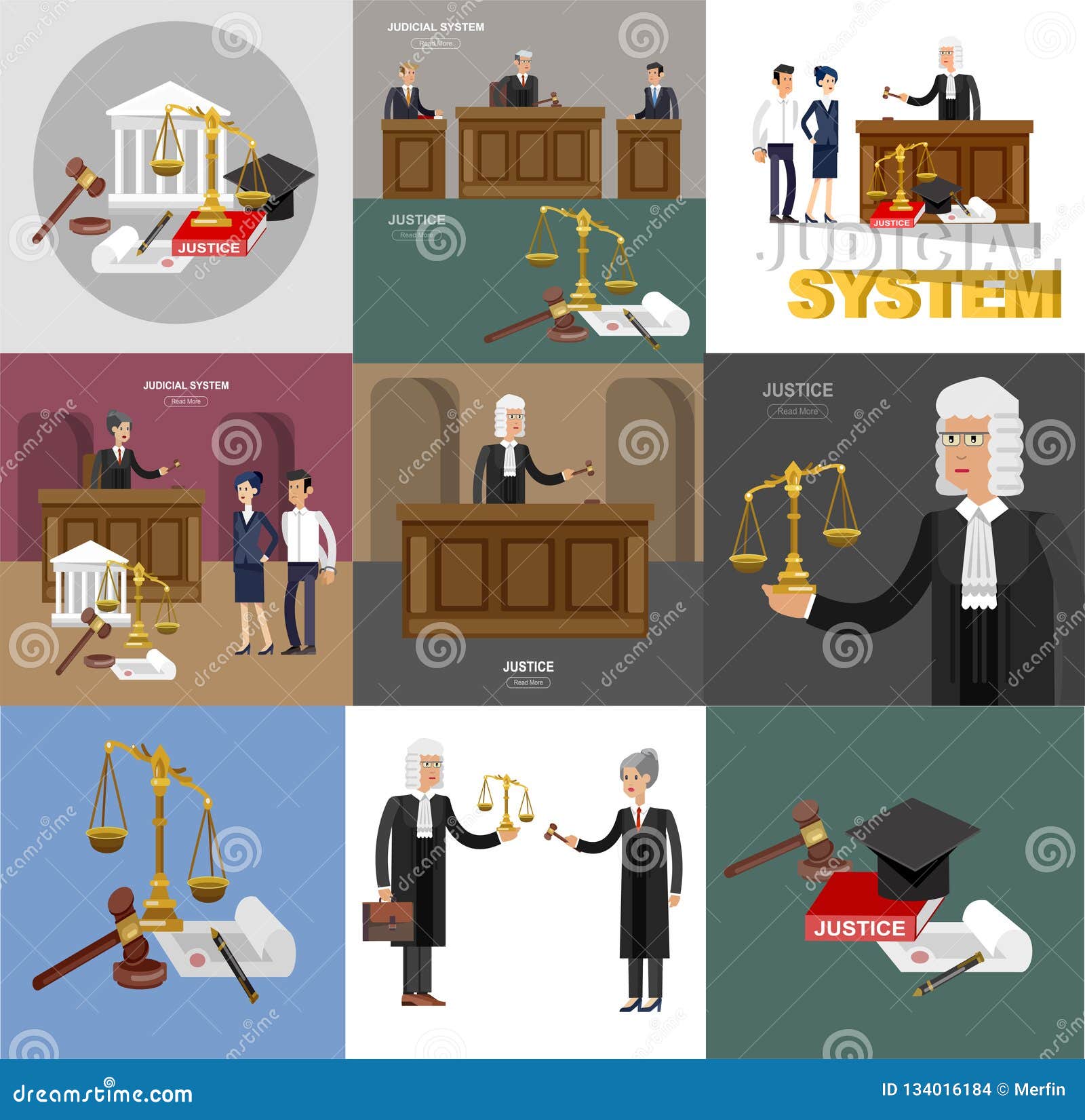 Law Horizontal Banner Set with Judical System Elements Isolated Vector ...
