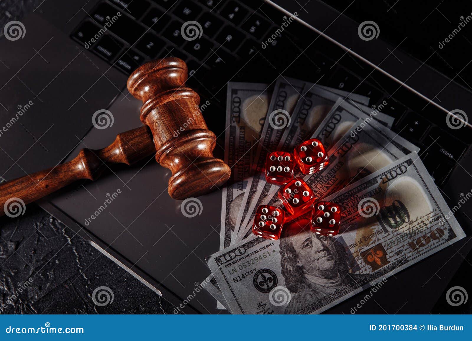 Law and Rules for Online Gambling Concept, Judge Gavel and Dice Stock ...