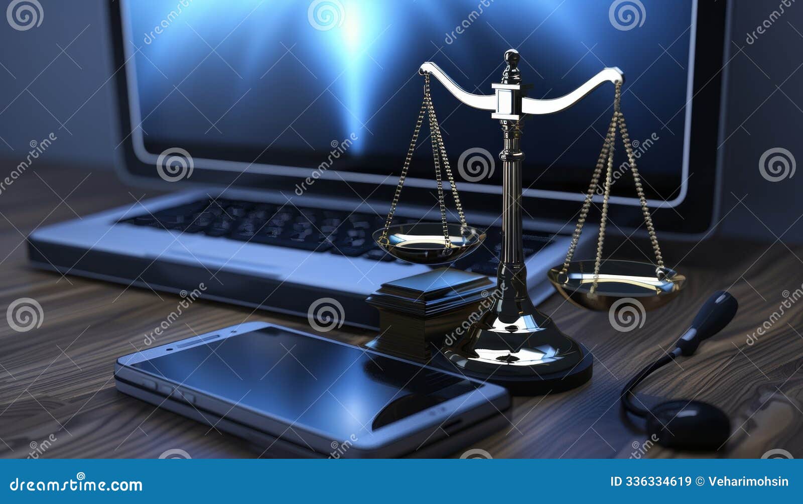 Law Scales on Computer Screen with Digital Phone Stock Illustration ...