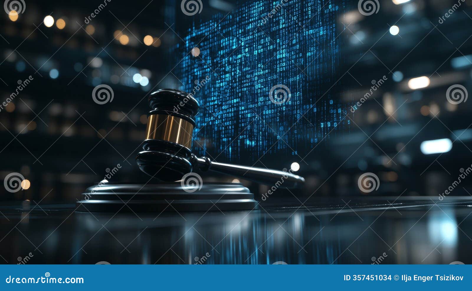 Law and Technology Judge S Gavel on Platform, Blue Binary Code Backdrop ...