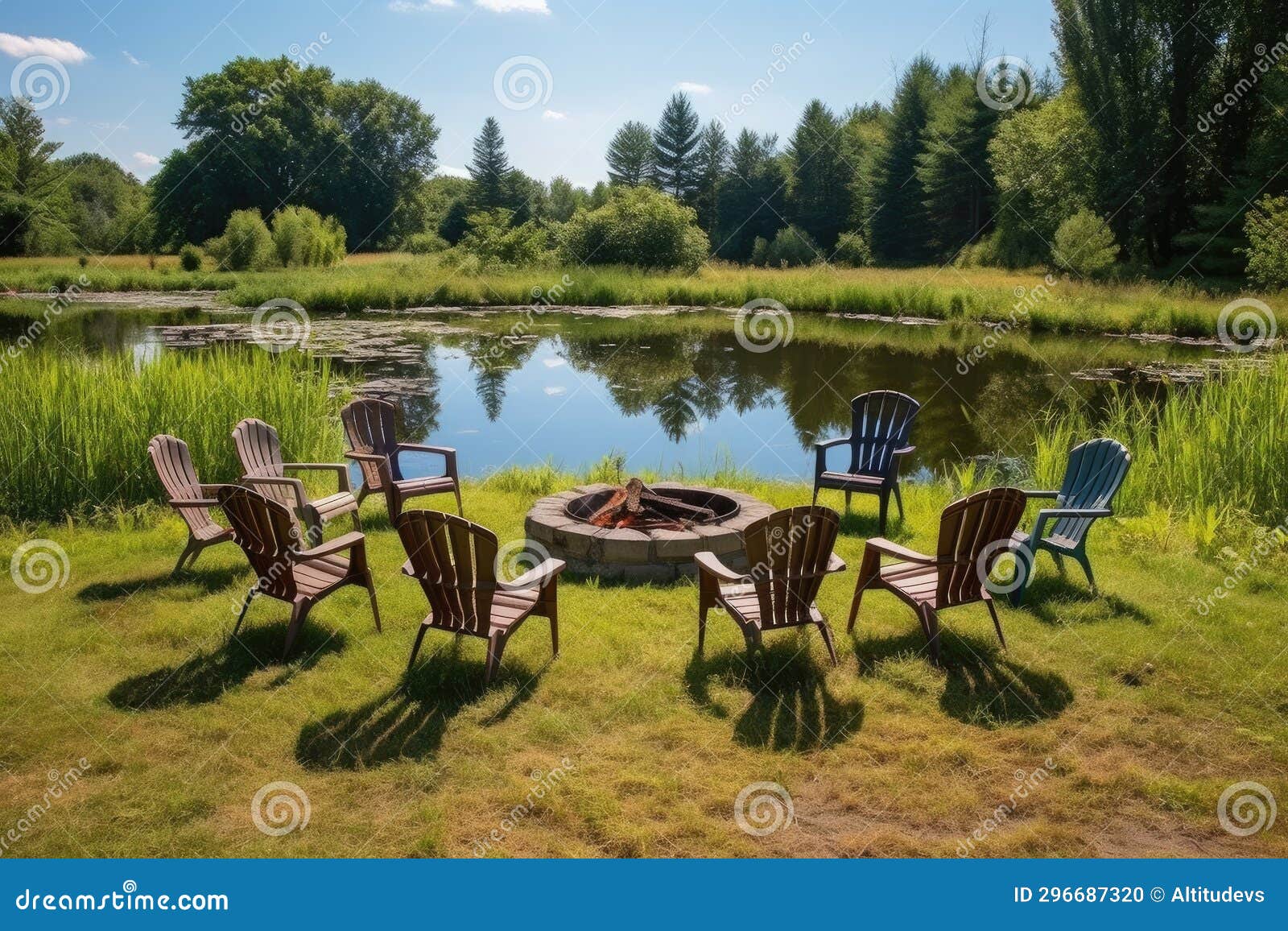 Lawn Chairs Arranged Around a Pit Fire Close To a Pond Stock Photo ...
