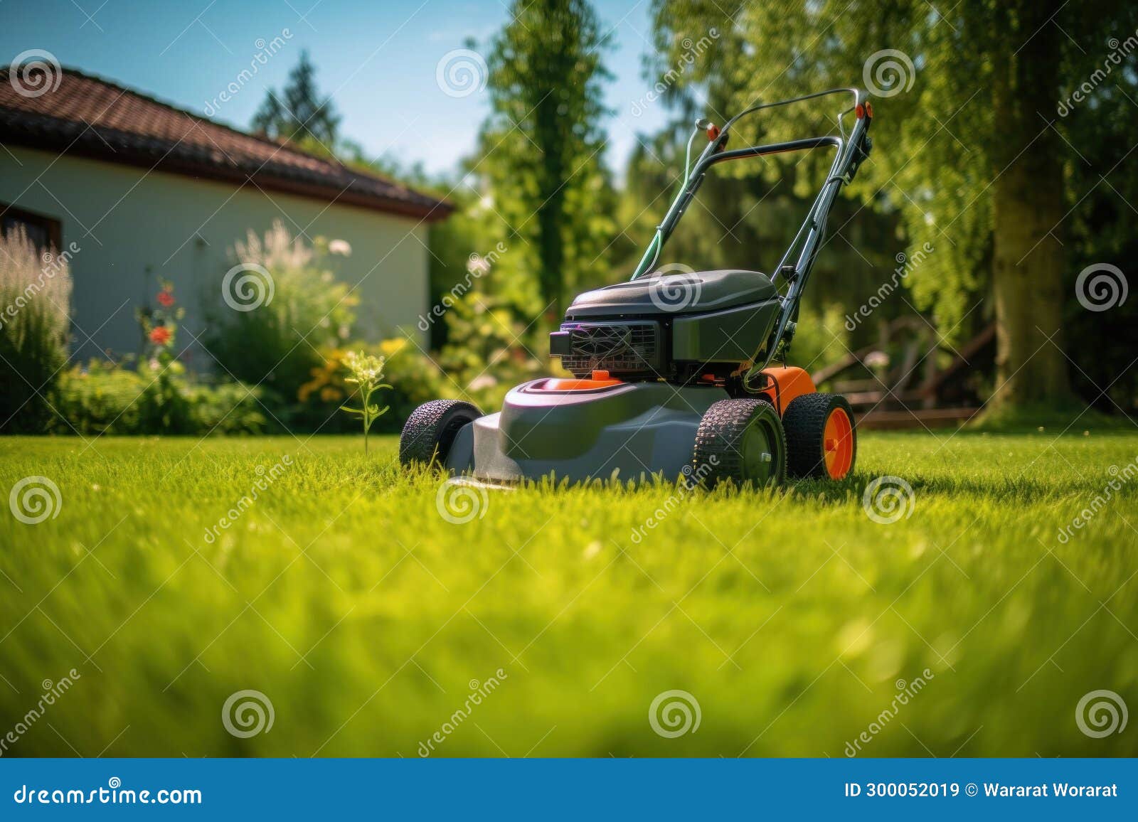 A Lawn Mover on Green Grass in Modern Garden. Machine for Cutting Lawns ...