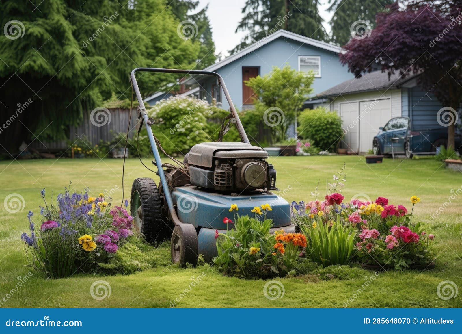 Lawn Mower Parked beside a Flower Bed in a Garden Stock Photo - Image ...