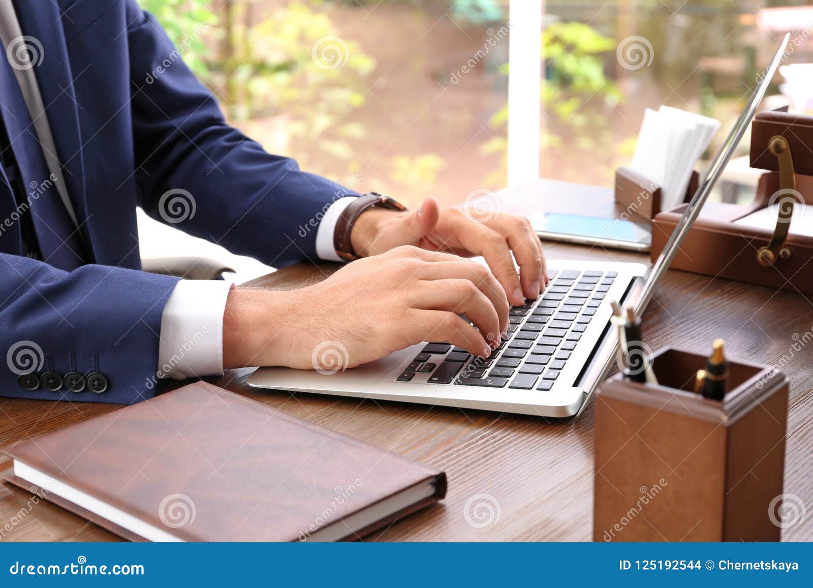 Lawyer Working with Laptop at Table, Focus Stock Photo - Image of ...