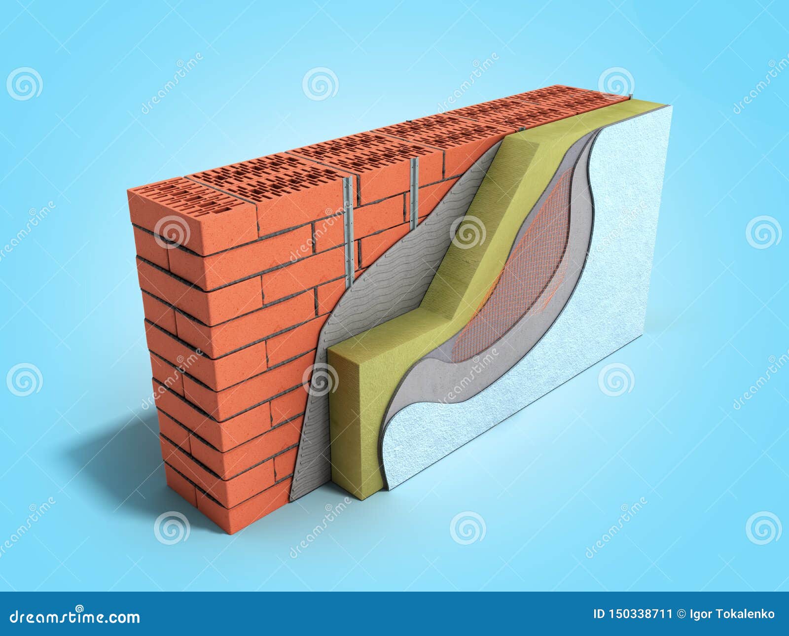 Layered Brick Wall Thermal Insulation Concept 3d Render On Grey ...